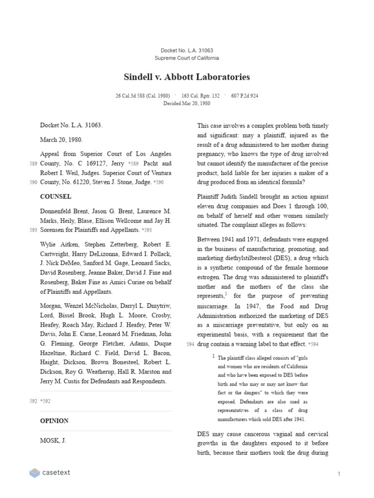 Sindell v. Abbott Laboratories Case Summary | PDF | Demurrer | Tort