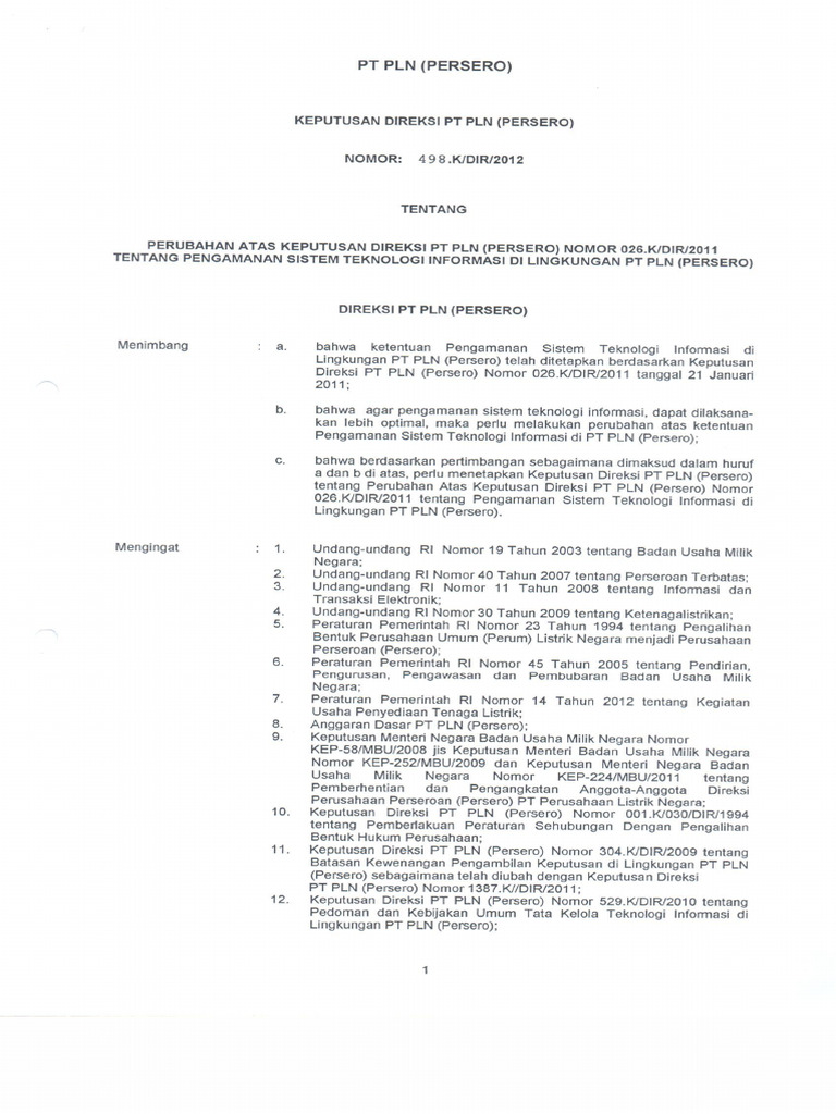 (2012) - KEPDIR 498 - Tentang Pengamanan STI Di Lingkungan PLN | PDF