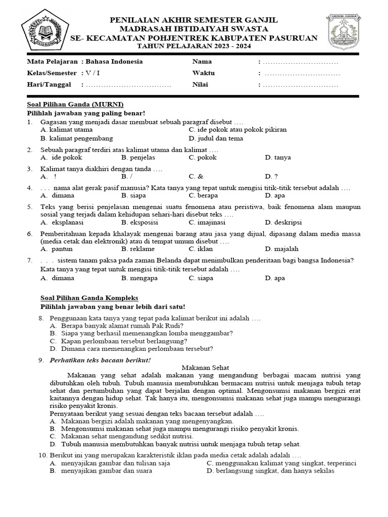Soal Pas Ganjil Bahasa Indonesia 2023 - 2024 | PDF