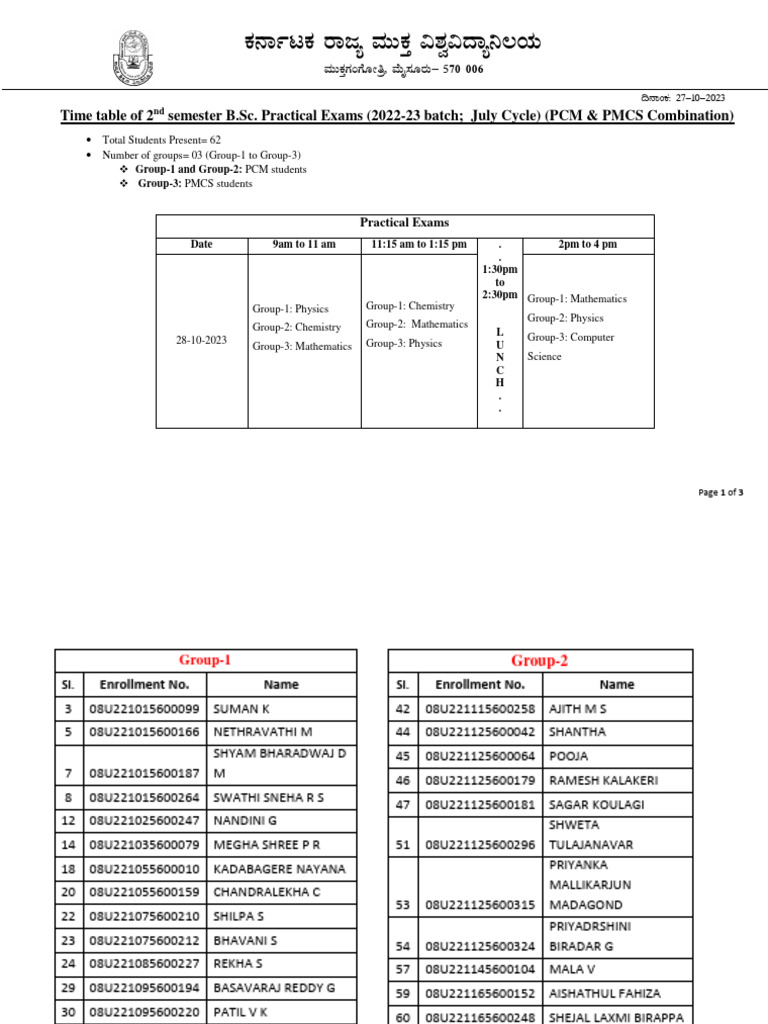 Practical Exams Time Table-2nd Sem B.Sc. - PCM & PMCS Students-2022-23 - July | PDF