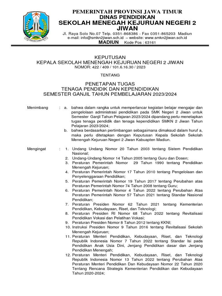 SK Penetapan Tugas GTK - Semester Ganjil - Tp. 2023-2024 - Final 04082023 | PDF