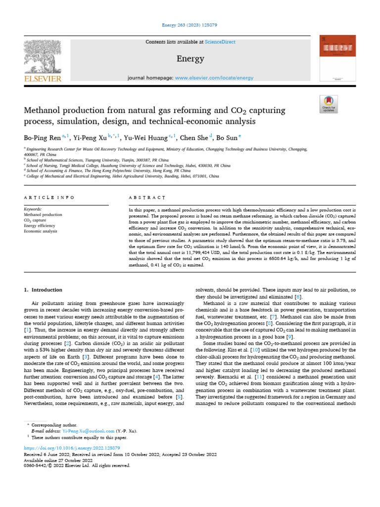 Methanol Production From Natural Gas Reforming and CO2 Capturing | PDF ...