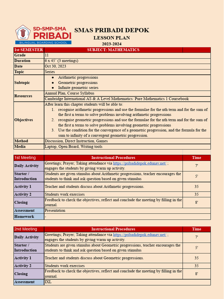 Lesson Plan SMA 11 Grade Oct 30 | PDF | Mathematics | Lesson Plan
