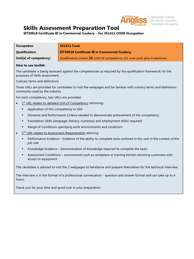 Preparation Toolkit For Cook Assessment | PDF | Cooking | Competence ...