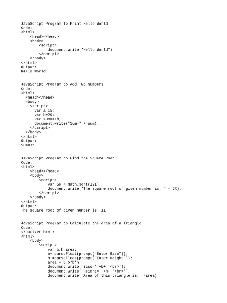 Js Exercise Programs | PDF | Java Script | Numbers Js Exercise Programs | PDF | Java Script | Numbers