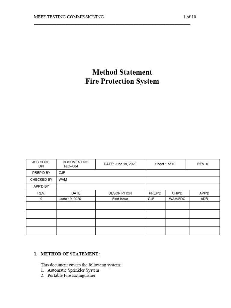 Fire Protection System Method Statement | PDF | Pump | Fire Sprinkler ...
