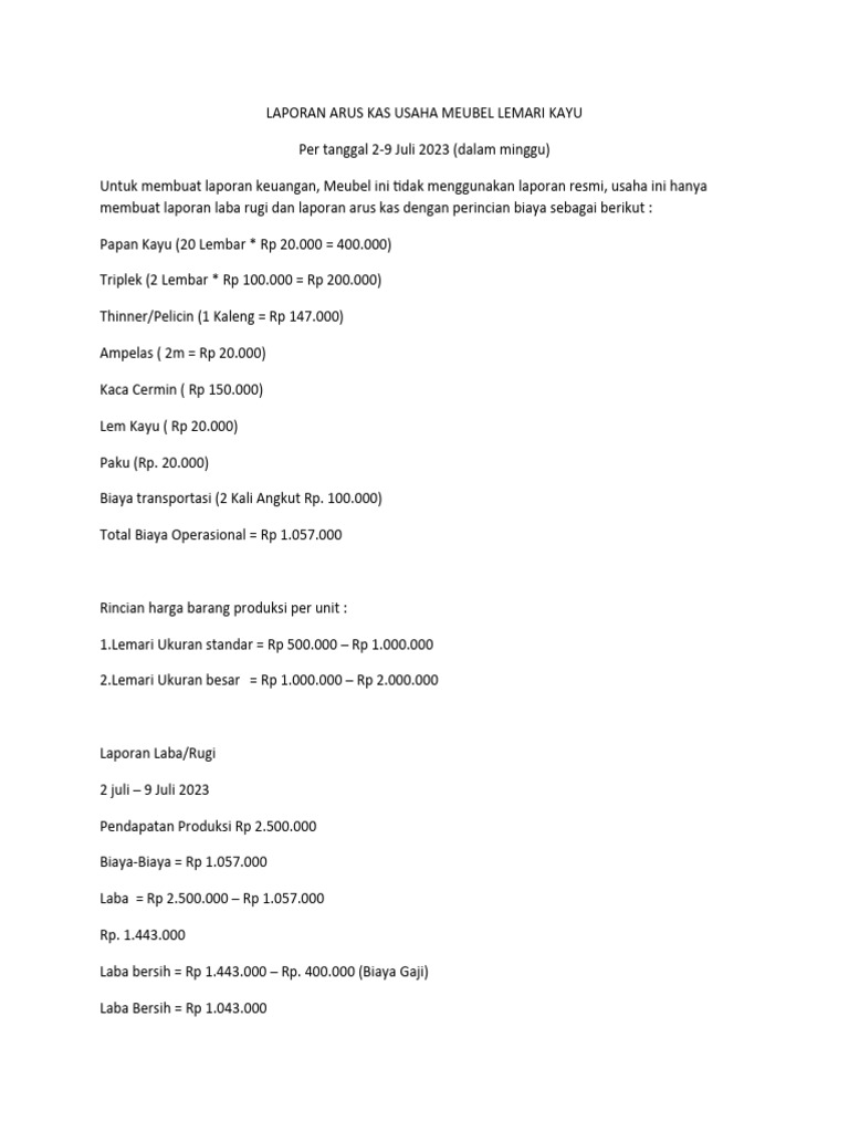 Laporan Arus Kas Usaha Meubel Lemari Kayu | PDF | Pengelolaan Keuangan ...