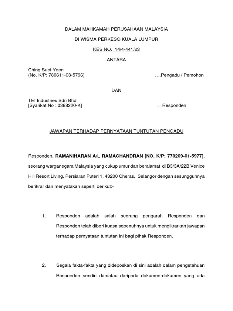 Jawapan Kepada PT Ching Suet Yeen 160823 | PDF