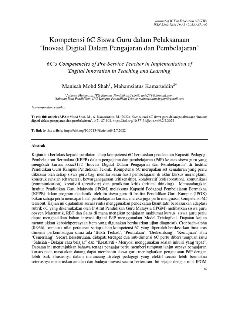 Kompetensi 6C Siswa Guru Dalam Pelaksanaan Inovasi Digital Dalam ...