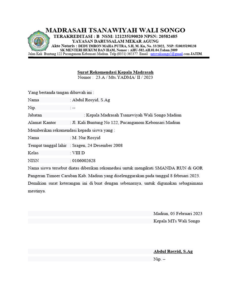 Surat Rekomendasi Lomba Lari | PDF