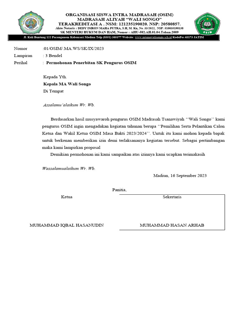 Proposal Permohonan SK Anggota Osim 2023 2024 | PDF