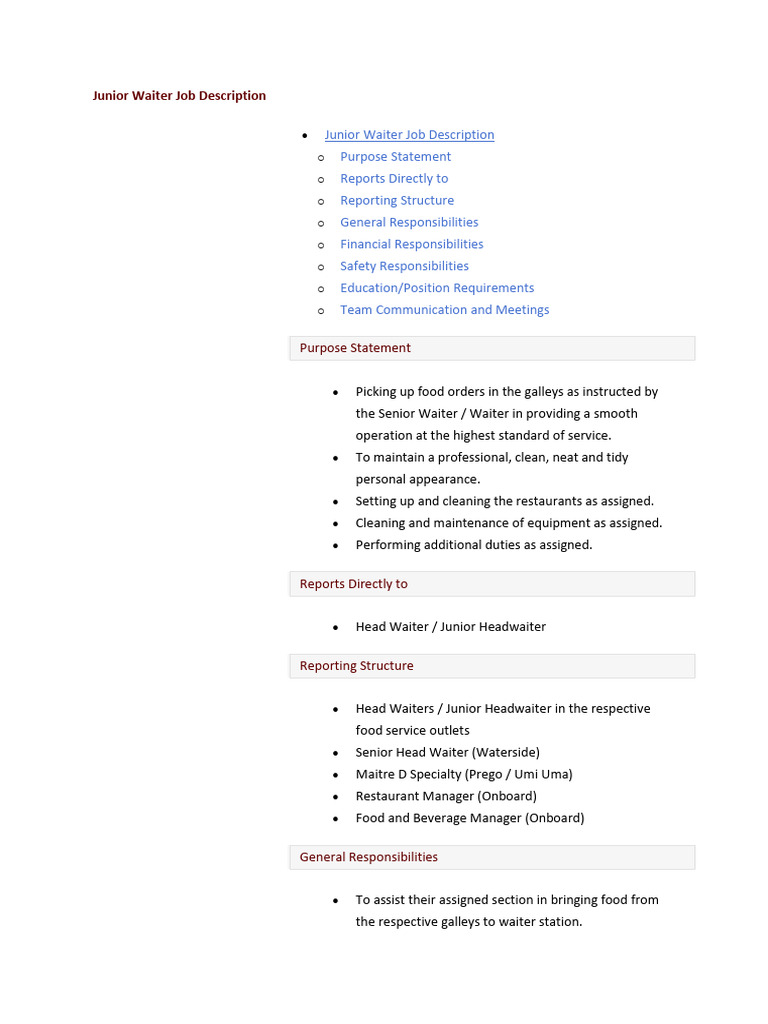 Junior Waiter Job Description | PDF | Waiting Staff