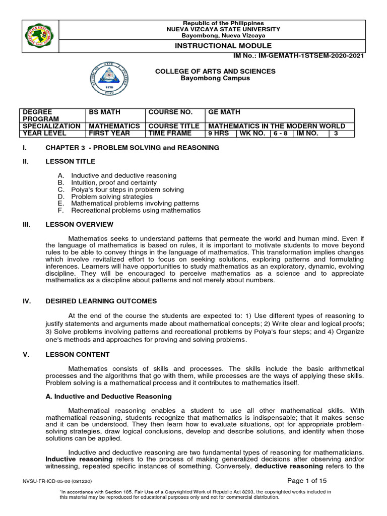 GE - Math Module 3 | PDF | Deductive Reasoning | Inductive Reasoning