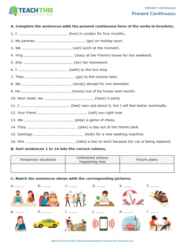 Present Continuous Worksheet | PDF