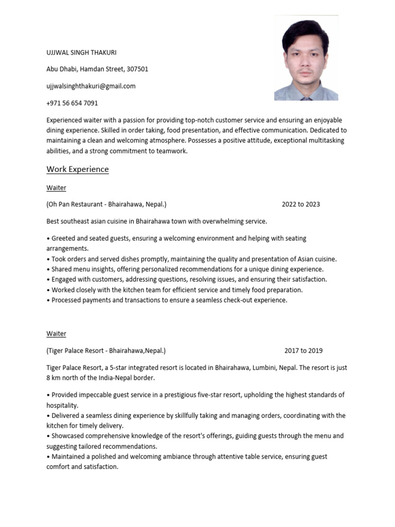 Ujjwal Resume | PDF | Restaurants | Waiting Staff