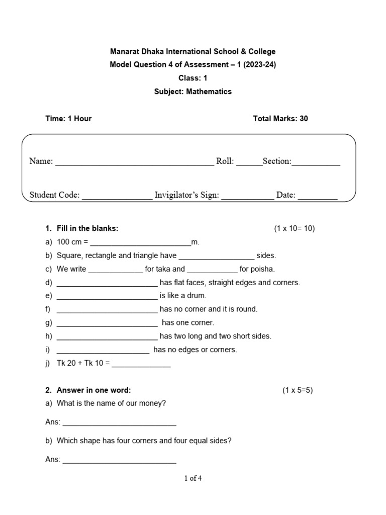Class 1 - Mathematics Model Question 4 Takmin | PDF | Mathematics | Geometry