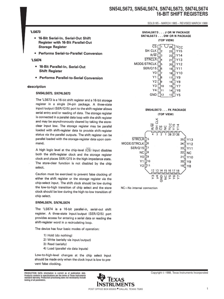 Sn74ls673, 674, 16 Bit Shift Register. | PDF | Computer Engineering ...