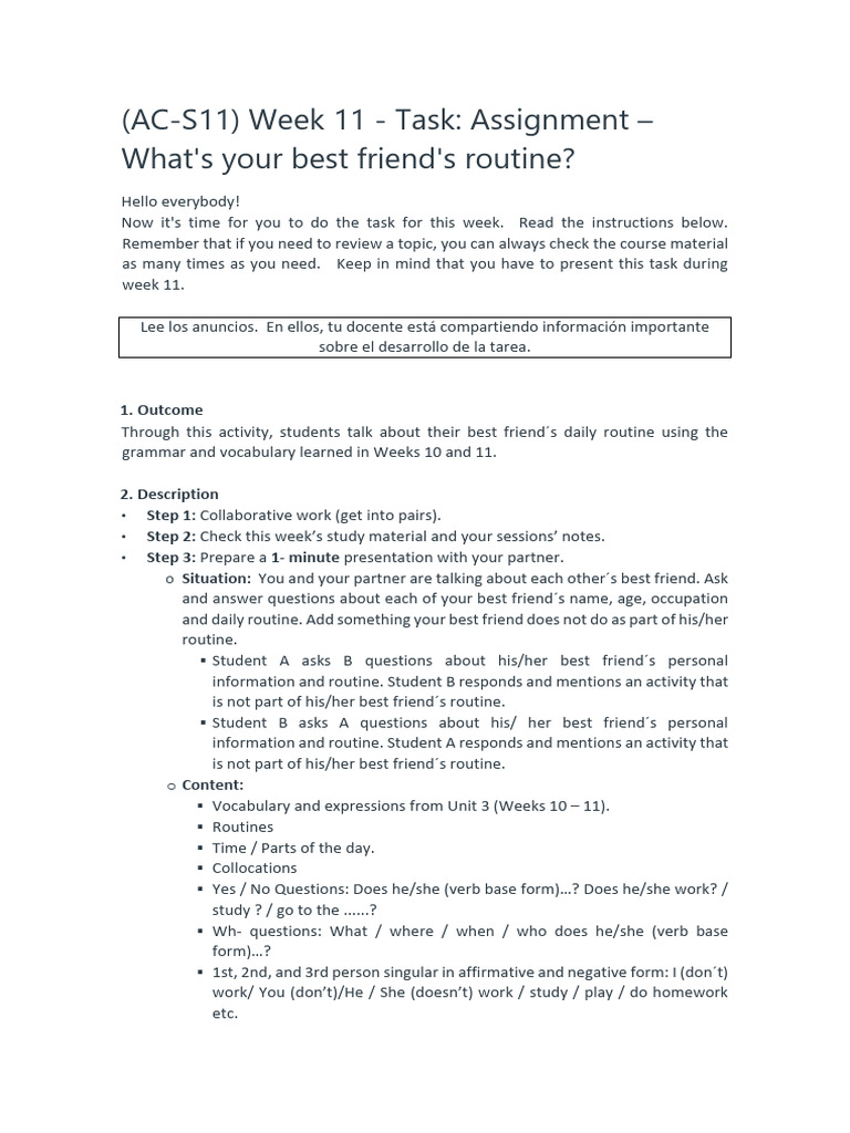 Week 11 - Instructions - Task Assignment - What's Your Best Friend's Routine | PDF | Grammar ...