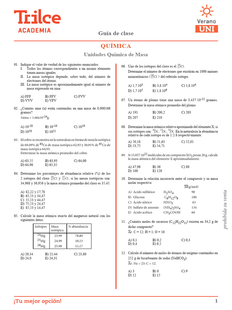 Unidades Quimica de Masa | PDF | Cloro | Isótopo