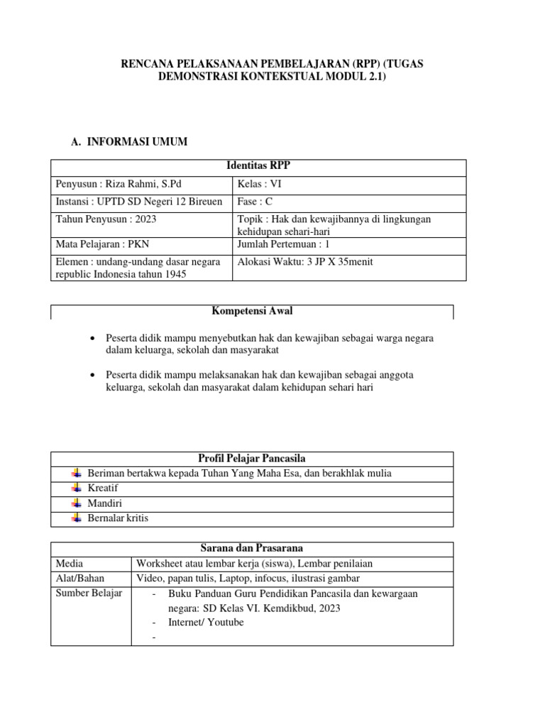 modul ajar pkn kelas 6 lk | PDF