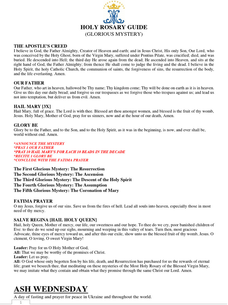 Ash Wednesday Rosary Guide | PDF | Lord's Prayer | Mary, Mother Of Jesus