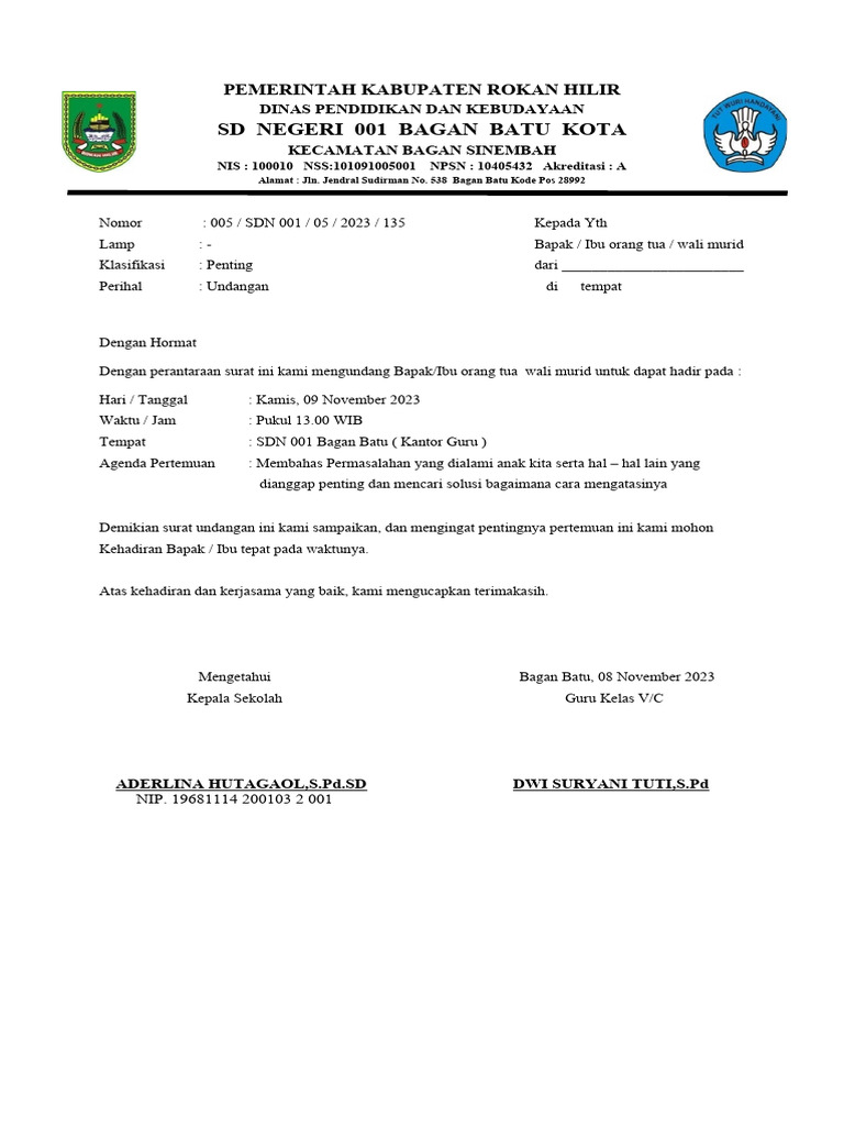 Surat Panggilan Orang Tua Siswa | PDF