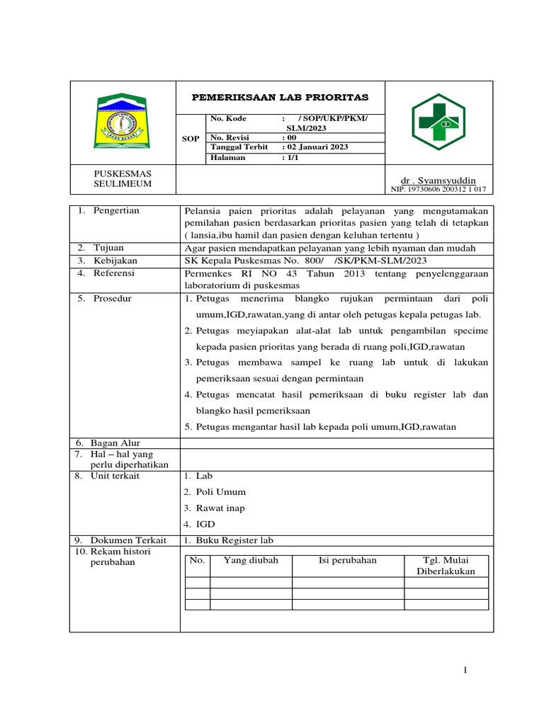 Sop Pemeriksaan Lab Prioritas | PDF | Kesehatan Holistik | Teknologi ...