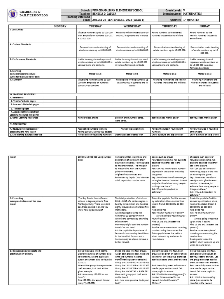 DLL - Math 5 - Q1 - W1 | PDF | Cognition | Learning