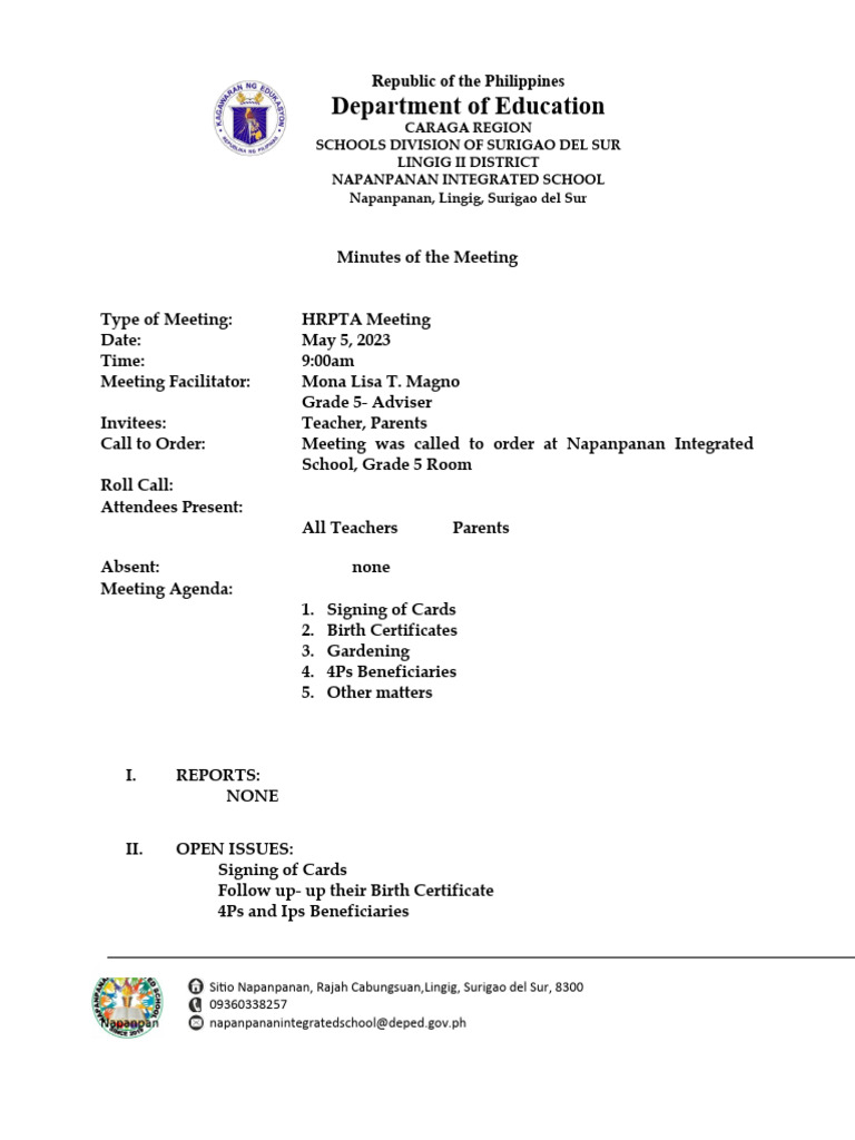 Napanpanan Integrated School Meeting Minutes | PDF | Government ...