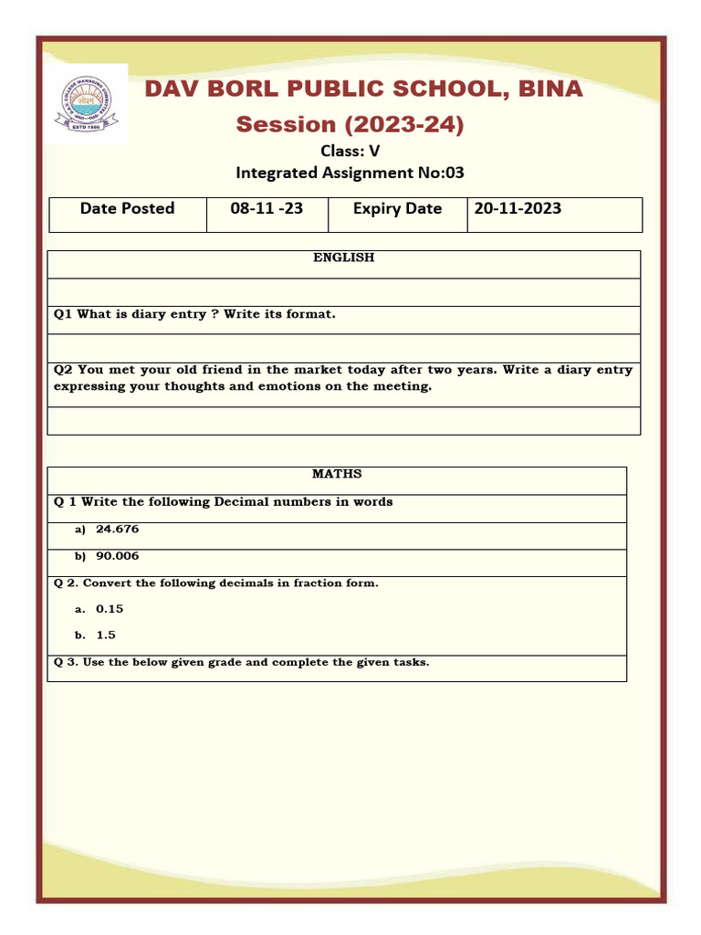 Dav Borl Public School, Bina Session (2023-24) | PDF