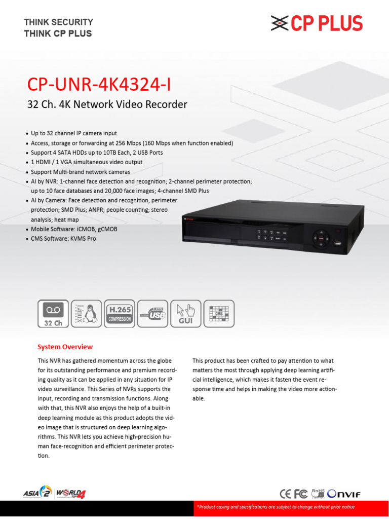 CP-UNR-4K4324-I: 32 Ch. 4K Network Video Recorder | PDF | Port (Computer Networking) | Data ...