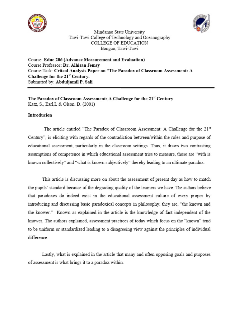 Critical Analysis Educ 206 | PDF | Critical Thinking | Educational Assessment