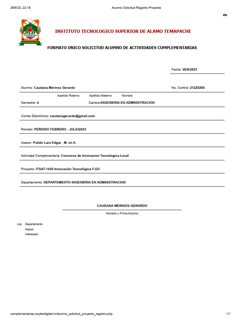 Solicitud de Proyecto Complementario ITSAT | PDF