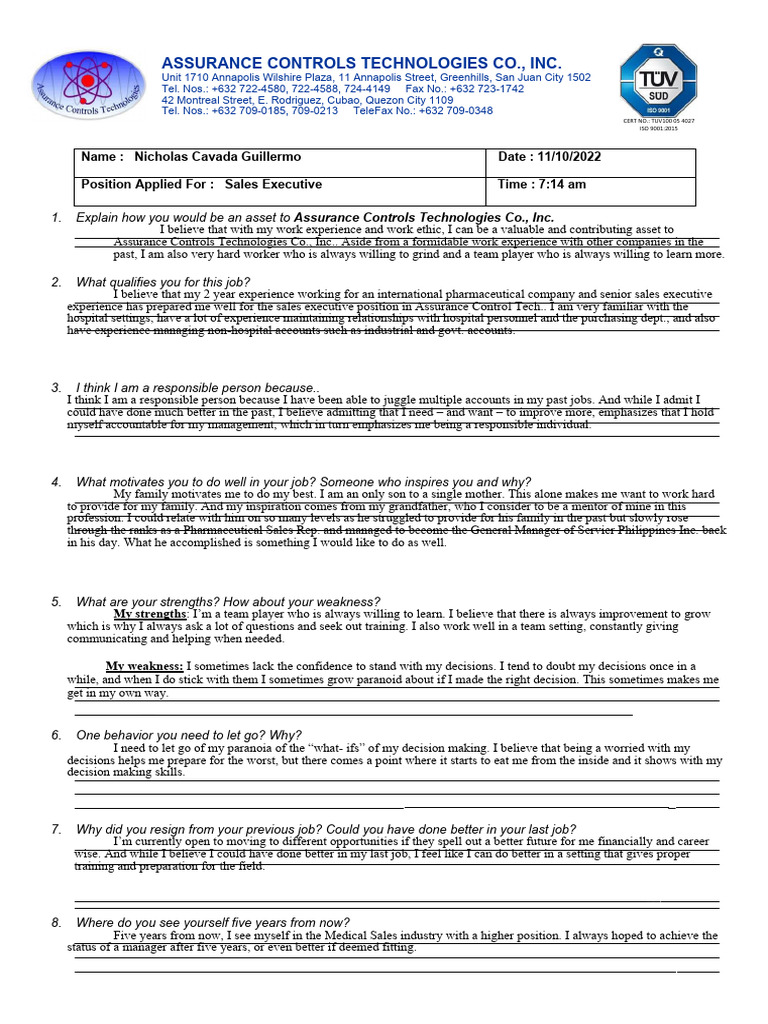 ACT Essay Questionnaire | PDF | Paranoia | Cognitive Science