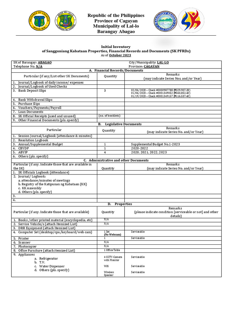 Annex E SK Inventory and Turnover Form No. 1 Initial Inventory of SK ...