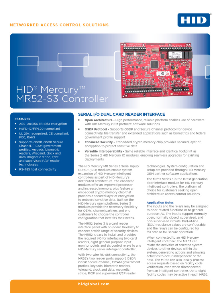 Hid Pacs Mercury mr52 Series 3 Reader Interface Ds en | PDF | Input/Output | Access Control