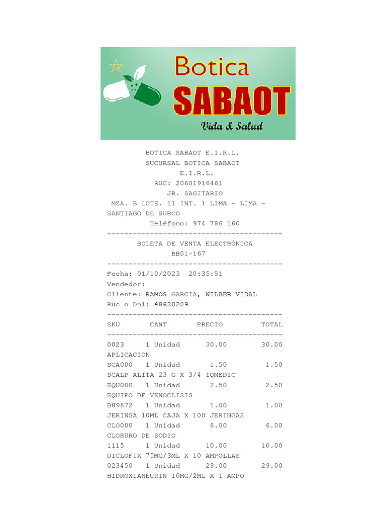 Botica Sabaot E.I.R.L. - Boleta Electrónica BB01-00000167 | PDF