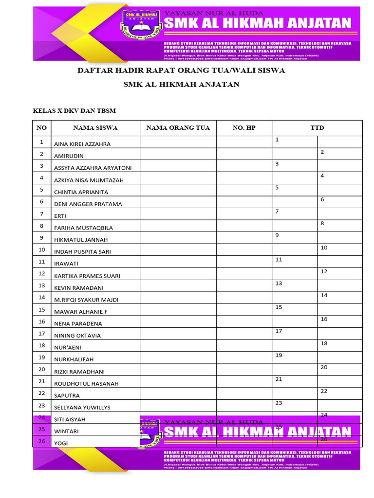 Daftar Hadir Rapat Orang Tua | PDF