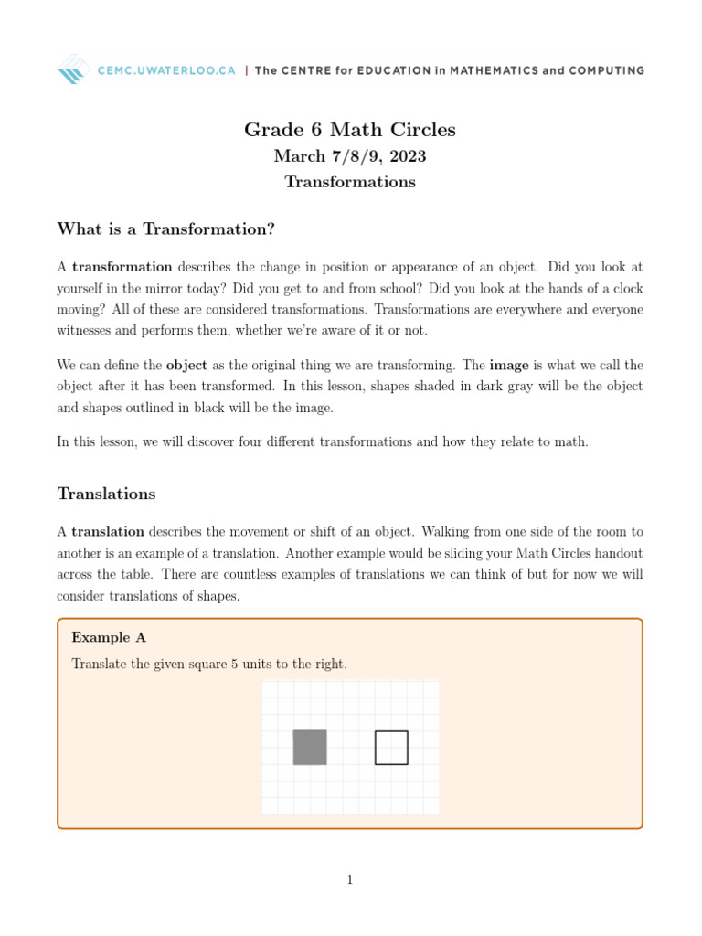 Junior6 Transformations Lesson | PDF | Cartesian Coordinate System | Shape