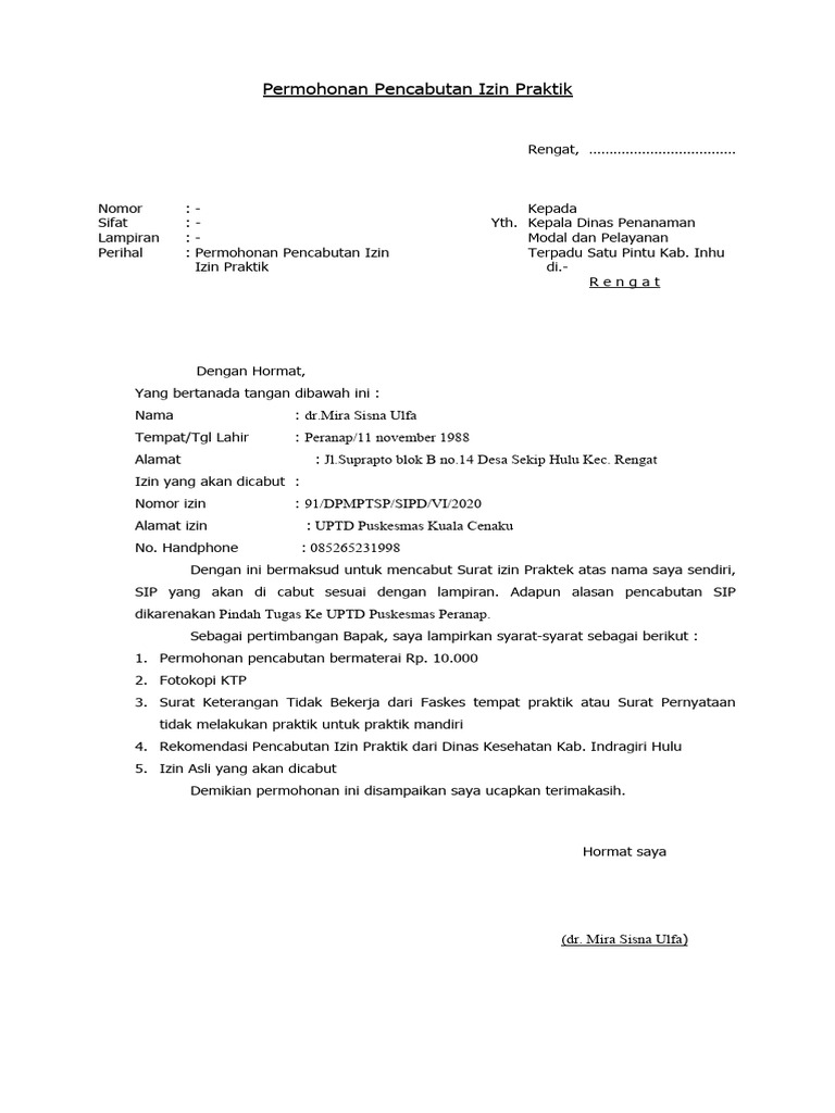 Surat Permohonan Pencabutan Izin Praktik | PDF