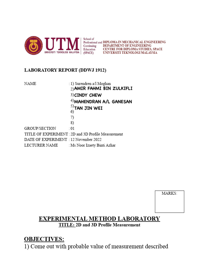 LAB REPORT - 2D and 3D Profile Measurement | PDF | Experiment | Observational Error