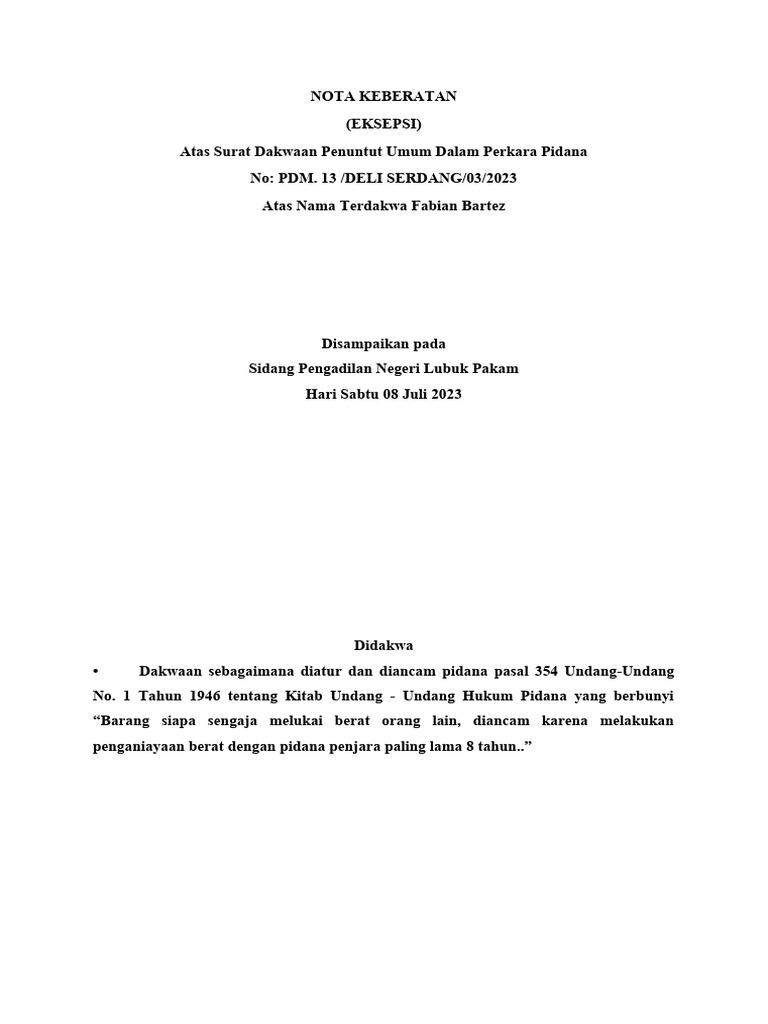 NOTA KEBERATAN - Eksepsi Terdakwa | PDF