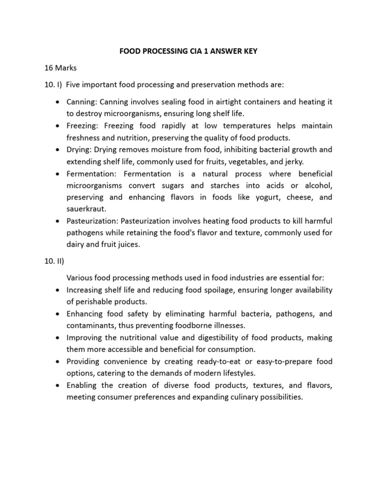 Food Processing Cia 1 Answer Key | PDF | Food Preservation | Food ...