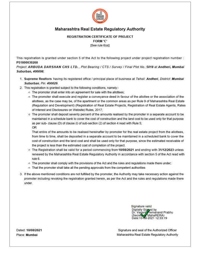 RERA Certificate | Download Free PDF | Civil Law (Common Law) | Common Law