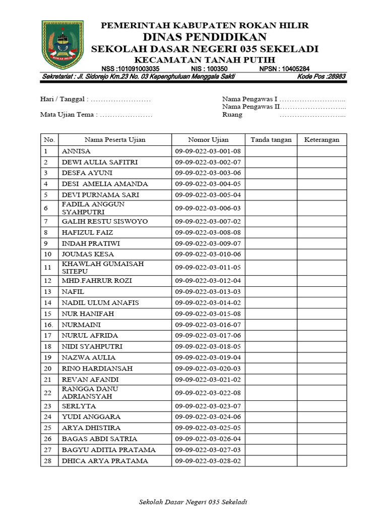 Absen Peserta Ujian SD 035 | PDF