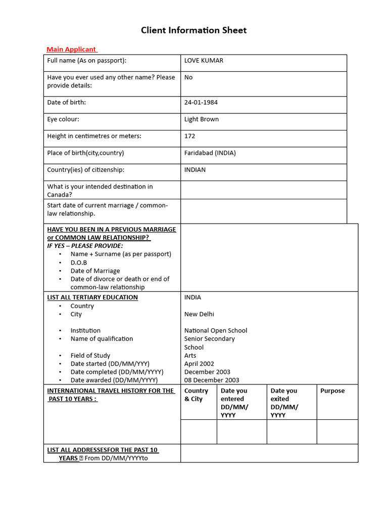 Canada Client Information Sheet - Do Not Complete The Client ...