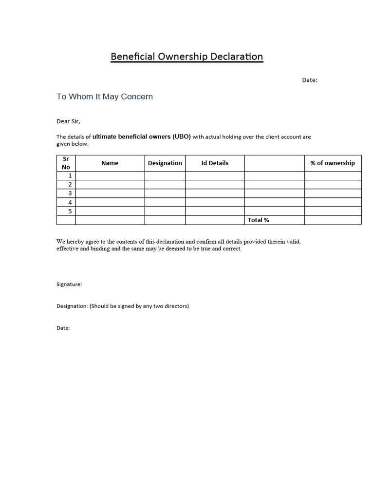 Beneficial Ownership Declaration | PDF | Finance & Money Management | Law