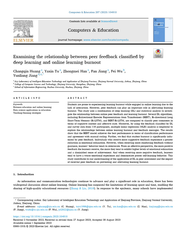 Examining The Relationship Between Peer Feedback Classified by Deep Learning | PDF | Learning ...