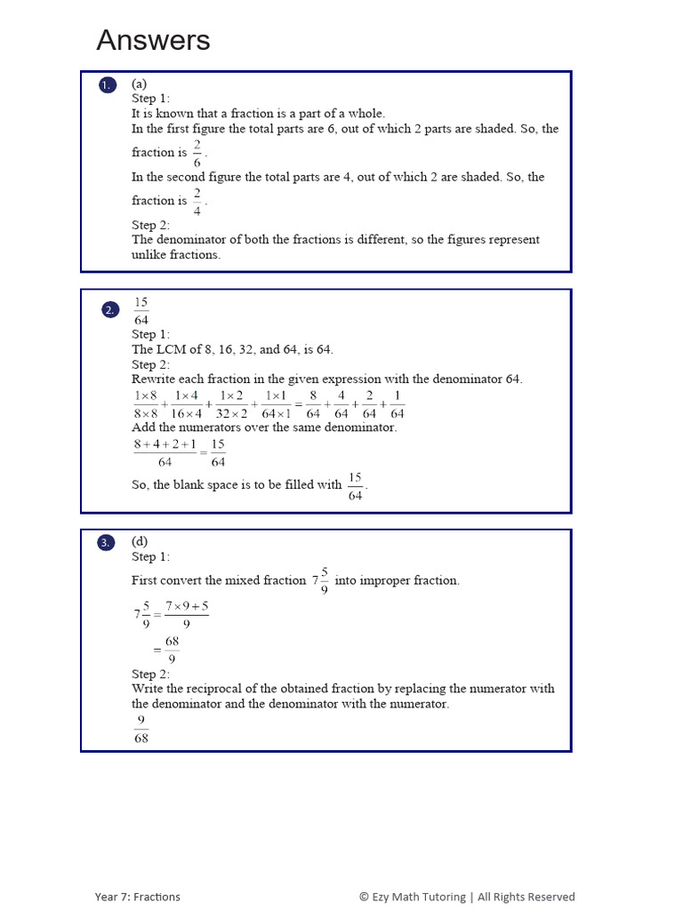 Year 7 Fractions Test and Solutions | PDF | Mathematics | Abstract Algebra
