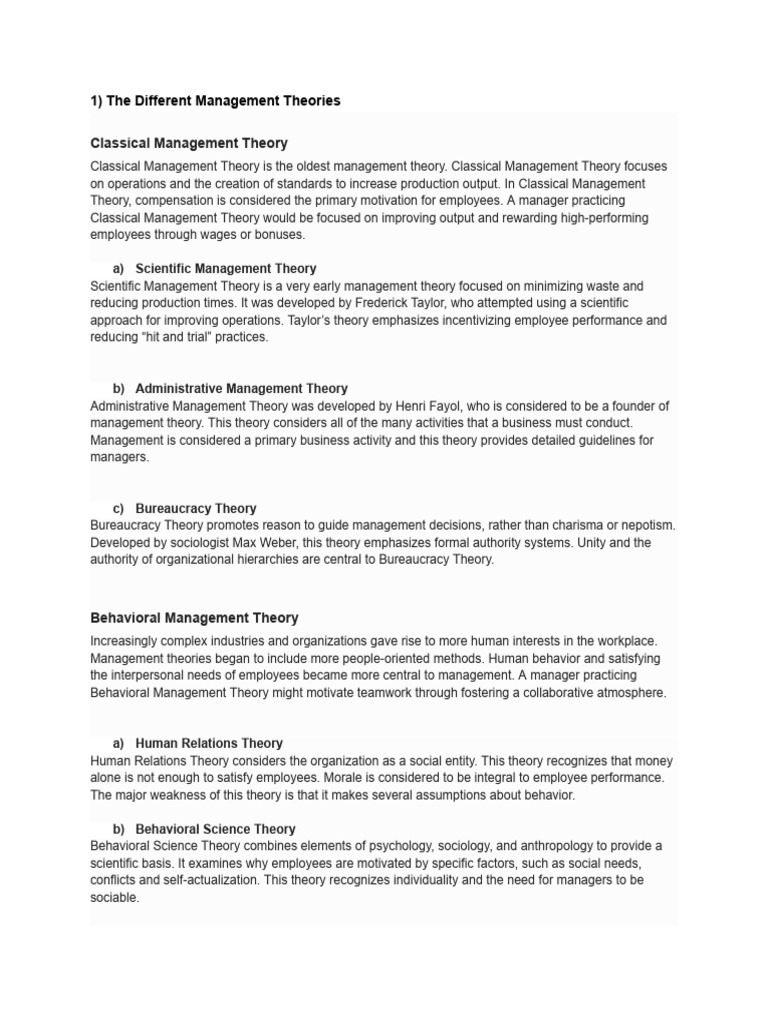Classical Management Theory: 1) The Different Management Theories | PDF | Business | Behavioural ...